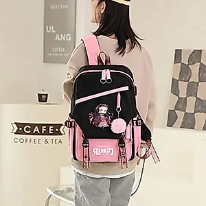 Luckbanjie 17'' Nezuko Backpack Tanjiro Anime School Book Bag Latop Backpacks (Pink-A)