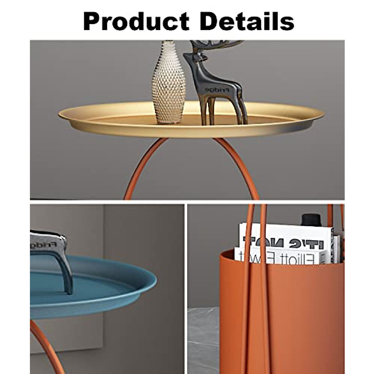 Modern End Table Set of 2, Metal Sofa Side Table, Waterproof Small Coffee Table with Removable Tray for Living Room Bedroom Balcony and Office