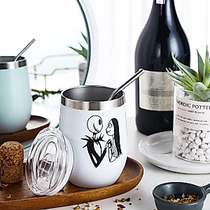 Poboola Night Before Christmas Wine Glass Tumbler, 12 oz Stainless Steel Stemless Wine Tumbler Set, Double Wall Vacuum Insulated Wine with Cup with Sealing Lid and 2 Straws Gift for Couple (White)