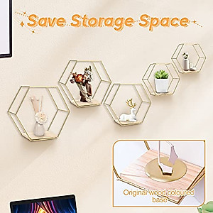 Wall Mounted Hexagonal Floating Shelves Set of 5 in Different Sizes, Modern Metal Wall Shelf, Simple Wood Partition Storage Shelves, Gold Wall Decor Rack for Bedroom, Living Room, Kitchen and Office