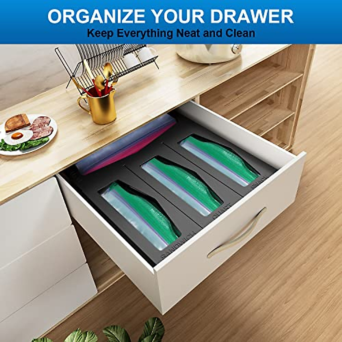 MFTEK Ziplock Bag Organizer for Kitchen Drawer, Plastic Bag Holder Baggie Storage Organizer, Compatible with Gallon, Quart, Sandwich and Snack Variety Size Bag