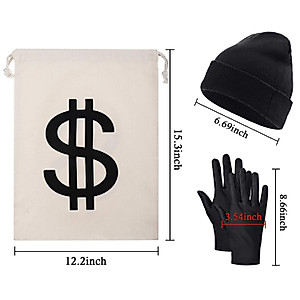 Geyoga 5 Pcs Halloween Robber Costume Set Dollar Sign Canvas Money Drawstring Bag for Halloween Cosplay Theme Party Supplies