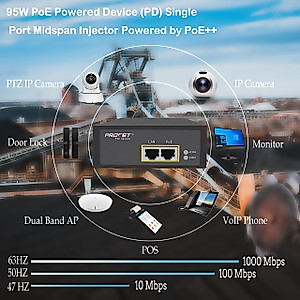 PROCET PoE Iniector 95W Active PoE++ Gigabit PoE Power Injector, 6KV Surge Protection Industrial Grade -104° F to 149° F for PTZ Camera, Wireless AP, PoS System, Kiosks, PT-PSE109GBRO