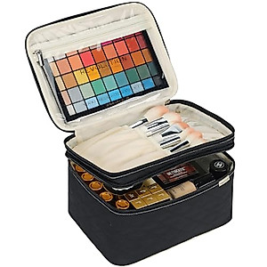 FINDCOZY Large Travel Makeup Bag, Double Layer Cosmetic Case for Women, Organizer for Travel Accessories Brushes, Beauty, Eyeshadow Palette, Lipstick, Black