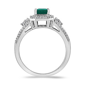Jewelili Sterling Silver 7x5MM Octagon Created Emerald and Round Created White Sapphire Halo Ring, Size 7