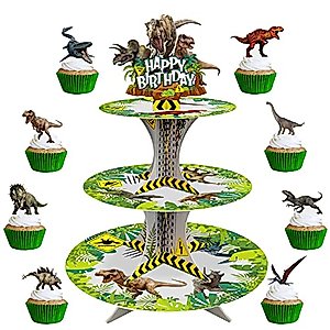 Dinosaur Cupcake Toppers 24Pcs and Dinosaur Cupcake Stand Jurassic Birthday Party Supplies Set for Kids Boys Dinosaur Theme Birthday Party Decorations 3 Tier Dino Cardboard Cupcake Stand Topper