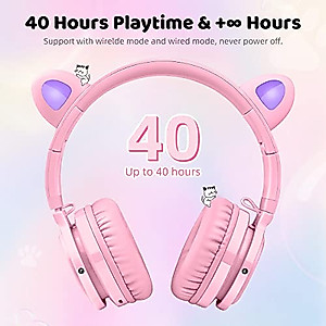 Picun Cat Ear Bluetooth Headphones 40 Hours Playtime with Romantic LED Light Up, Over Ear Girls Wireless Headphones with HD Mic, Foldable, Soft Memory Earmuff, for PC/Tablet/School Kids Adults - Pink