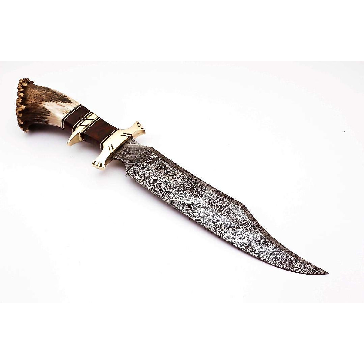 Skokie Knives Damascus Steel hunting Knife Stag Antler Handle with Burl Wood & Brass Guard –15” Handmade Premium Quality Sharp Edge Fix Blade - Genuine Multipurpose Knife – Ideal for Hunting, Camping