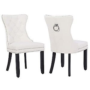 BTEXPERT High Back Velvet Tufted Upholstered Dining Chairs, Solid Wood-Nail Trim, Ring White Set of 4, Set of 4, White, Set of 4, White