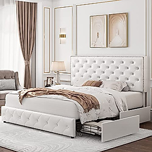 Queen Bed Frame with Storage and Adjustable Headboard, Bed Frame with 4 Drawers and Wooden Slats Support, No Box Spring Needed (PU White, Queen (U.S. Standard))