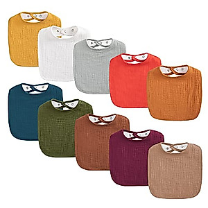HBselect Muslin Baby Bibs 10 Pack,Unisex Baby Bibs with Bandana Drool Bibs Cotton, 10 Solid Colors Set for Feeding, Teething, Drooling