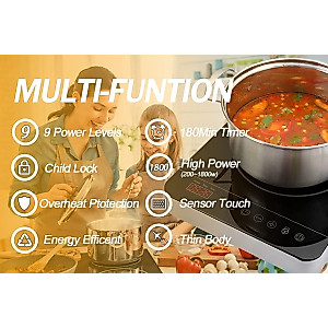 Weceleh Portable Induction Cooktop, 1800W Induction Burner with Ultra Thin Body, 9 Power Levels Induction Hot Plate, Induction Stove Top Cooker with 3-hour Timer, Child Safety Lock, Black (Plug In)