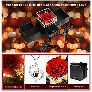 BNWXOY Preserved Red Real Rose with I Love You Necklace -Eternal Flowers Rose Gifts for Mom Grandma Wife Girlfriend on Mothers Day Valentines Christmas Birthday Anniversary Romantic Gifts for Her