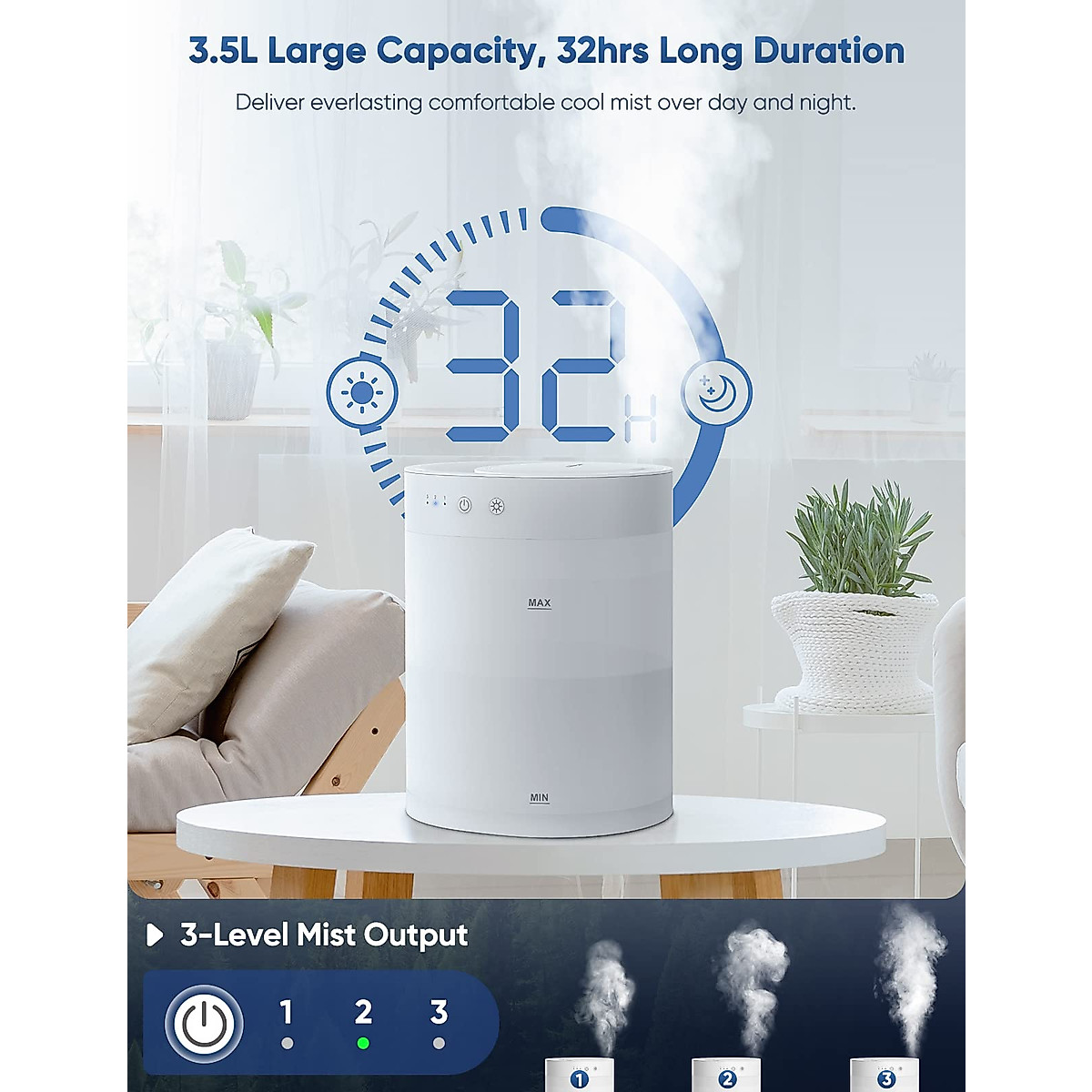 Xburan Cool Mist Humidifiers for Bedroom, 3.5L Top-Fill Air Humidifier & Essential Oil Diffuser with Ambient Light, 3 Mist Levels, Quiet Operation, 32-Hour Duration, Humidifiers for Large Room Baby Plants,White