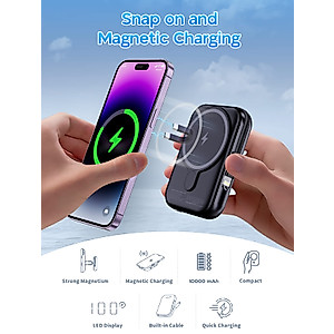 Ceftydy Magnetic Wireless Portable Charger, 10000mAh Battery Pack with USB-C Cable & LED Display, Built-in Lightning Cable, Magnetic Power Bank 20W PD Fast Charging for iPhone 15/14/13/12 Series