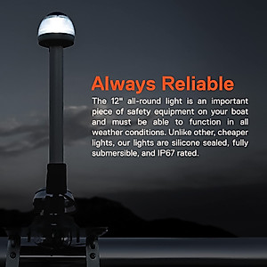 TRUE MODS 12 Inch 12-24V White LED Marine Navigation Anchor All-Round Boat Light [USCG ABYC A-16 3NM] [Waterproof] 3 Nautical Mile Fold Down Rear Stern Light for Fishing Bimini Bass Jon Boat - Chrome