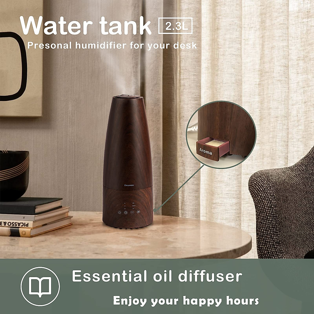 Cool Mist Humidifier，Elecameier Air humidifier for Home/Bedroom with Remote Control 2.3L Smart Air Humidifier for Desk/Office/Bedroom 25dB Whisper Quiet with Auto Shut off dark wood