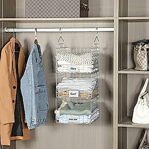 Sonyabecca 3 Tier Foldable Closet Hanging Organizer with Name Plate 5 S Hooks, Wall Mount&Cabinet Wire Storage Basket Bins, for Clothing Sweaters Shoes Handbags Clutches-Silver