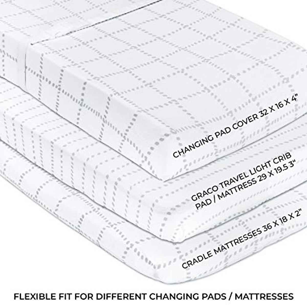 Petit Dreams Changing Pad Cover Jersey Knit Cotton for Baby Boy Or Baby Girl Doubles As Cradle Sheet, Grey Dotted Stripes & Grey Grid Lines, (Pack of 2)