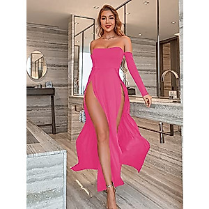 MakeMeChic Women's Off Shoulder Long Sleeve High Slit Long Maxi Cocktail Party Dress Hot Pink XL