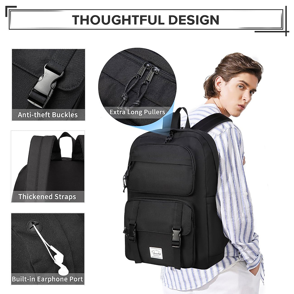 VASCHY Backpack for Men, Unisex Large Fashion Schoolbag Book bag Rucksack for High School/College/Work/Travel/Commuter Black