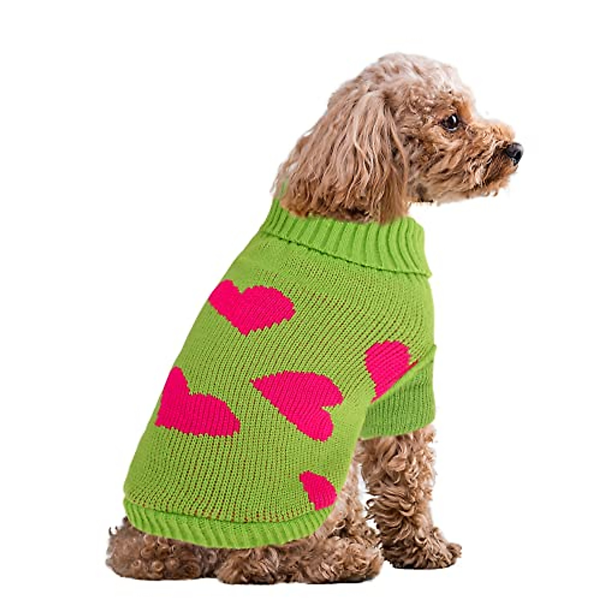 Queenmore Knit Sweater for Dogs, Turtleneck High Elastic Heart Pattern Festival Knitwear with Hind Leg Strings for Small and Medium Dogs (Green,L)