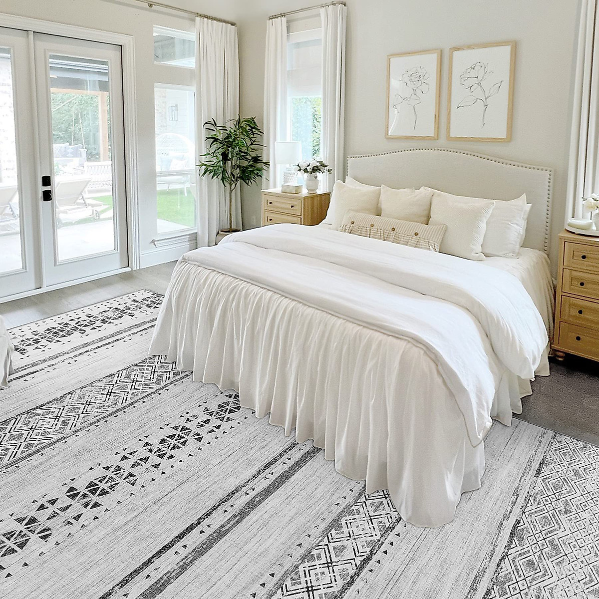 8x10 Area Rugs for Living Room Bedroom: Large Machine Washable Rug with Non-Slip Backing Non Shedding Stain Resistant, Soft Geometric Moroccan Carpet for Dining Room Nursery Home Office - Gray/Ivory