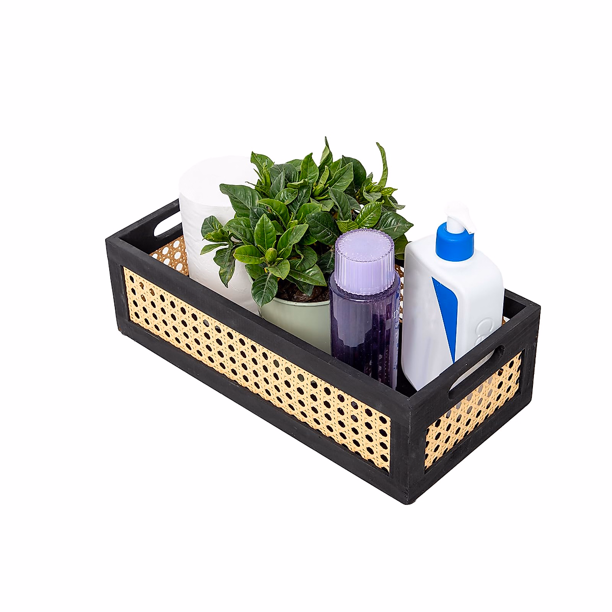 JJSQ Wood Toilet Tank Basket Toilet Paper Storage Basket Organizer, Bathroom Basket Tray with Handles for Vanity Countertop Organizing, Rustic Decor, Black