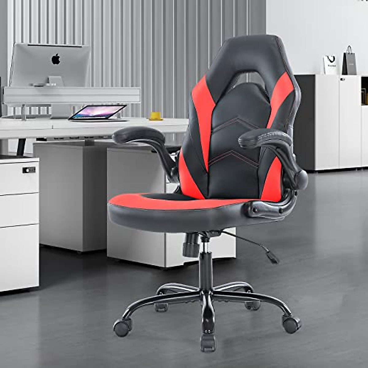 Office Chairs - Ergonomic Gaming Executive Desk Chairs with Flip-up Armrests and Lumbar Support, Adjustable Swivel Rolling Chair, Red