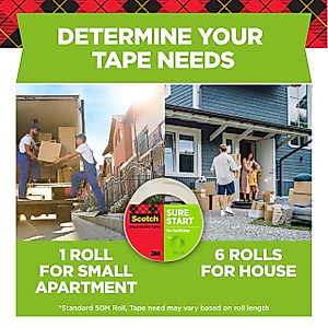 Scotch Sure Start Packaging Tape, 1.88" x 54.6 yd, Designed for Packing, Shipping and Mailing, Quiet Unwind, No Splitting or Tearing, 3" Core, Clear, 1 Roll (345)