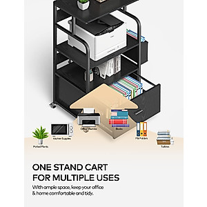 Bealife 3 Tier Home Office Printer Stand with Drawer,Side Canvas Bag, Metal Hook, Tall Mobile Printer Rack Cart with Ample Storage Space, Durable Lockable Casters, Multifunctional in Use - Black