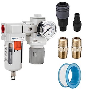NANPU 1/2" NPT Compressed Air Filter Regulator Combo Piggyback, 5 Micron Element, Poly Bowl, Semi-Auto Drain, Bracket, Gauge (ARF4000)