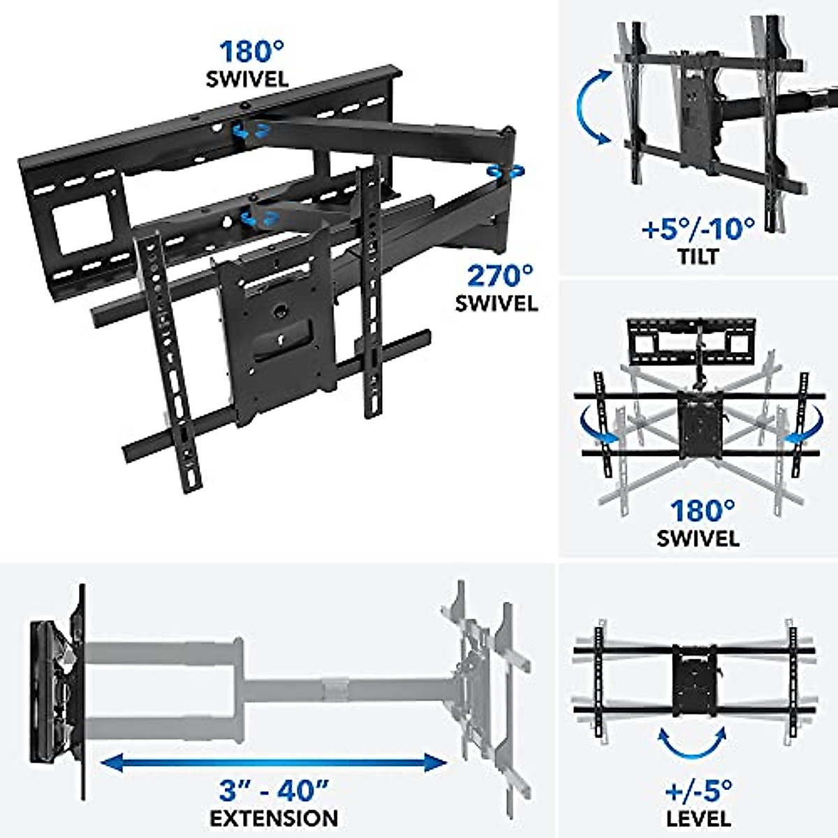 Mount-It! Long Arm TV Mount, Full Motion Wall Bracket with 40 inch Extension Articulating Arm, Fits Screen Sizes 42, 47, 50, 55, 60, 65, 70, 75, 80 Inch, VESA 800x400mm Compatible, Holds up to 110 lbs