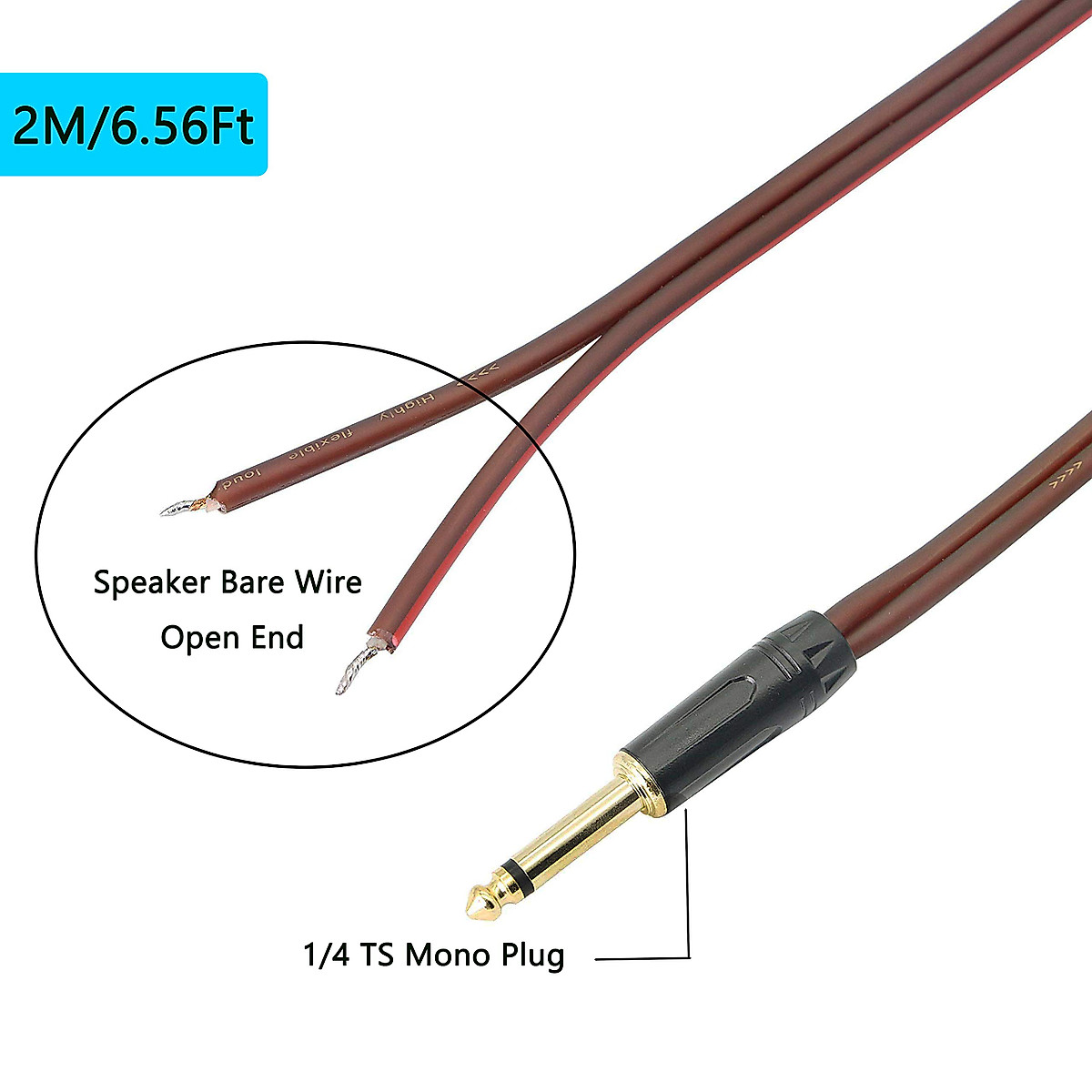XMSJSIY 1/4 TS to Speaker Bare Wire,Audio Cable to 6.35mm Male Mono Adapter Replacement Open End Gold-Plated OFC HiFi TS Speaker Cord Amplifier Patch Cable for DJ Application,DIY -2M