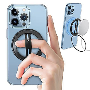 EWA Compatible with MagSafe and Wireless Charging Phone Grip Stand with Silicone Finger Strap, Removable Ring Holder Adjustable Kickstand Loop, Only for iPhone 13, 12 Pro/Pro Max/Mini (MG201-Black)