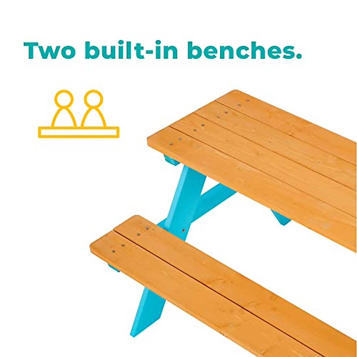 Teamson Kids Picnic Table, Kids Outdoor Table with Built-in Benches, Natural/Aqua