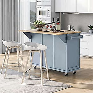 LOVMOR Mobile Kitchen Islands with Storage, Kitchen Carts on Wheels with Rubber Wood Drop-Leaf Countertop, Kitchen Pantry Storage Cabinet with Storage Cabinet and 3 Drawers for Dining Room, Blue