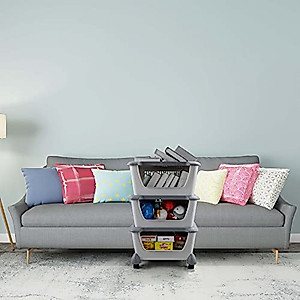 Vcansay 3 Tiers Plastic Large Stacking Organizer Baskets with Lid, Plastic Stacking Bins with Wheels