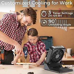 KITWLEMEN Solar Camping Fan with Light, 4 Speeds Rechargeable Battery Powered Fan with Timer, 90° Folding Portable Desk Fan for Hurricane Outages Outdoor Camping Fishing