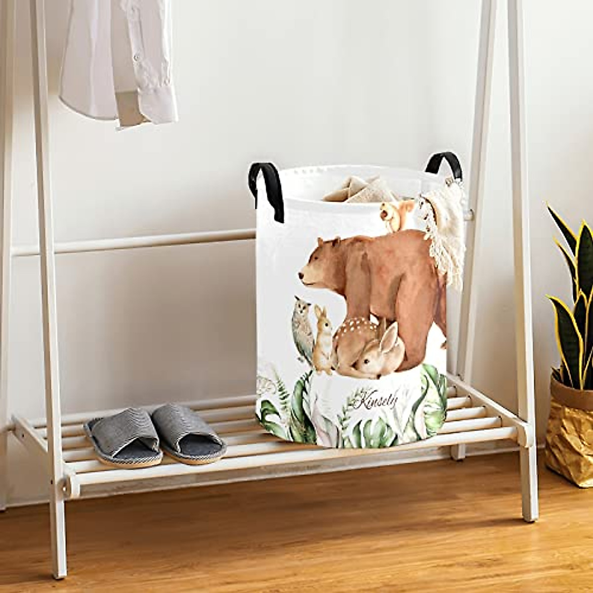 Woodland Animals Personalized Laundry Basket Clothes Hamper Storage Handle Waterproof, Custom Laundry Round Collapsible Capacity for Bedroom Bathroom Toy Decoration
