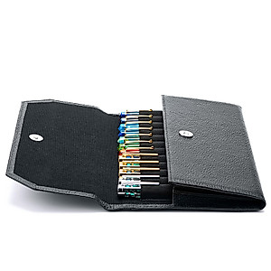 Lanxivi 12 Black Genuine Leather Fountain Pen Case Organizer Bag Portfolio, Protective Sleeve Cover Pen Holder with Divider Slot for Rollerball Pen, Pencil Collection