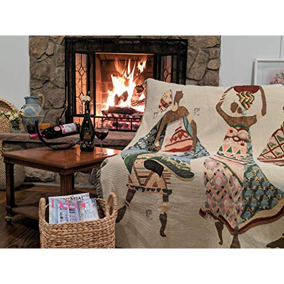 DaDa Bedding Elegant Dancing African Women Tapestry Throw Blanket - Festive Celebrate Kwanzaa w/Fringe Tassels - Cottage Woven Ethnic Culture Needle Stitched Design - 50” x 60” (7173)