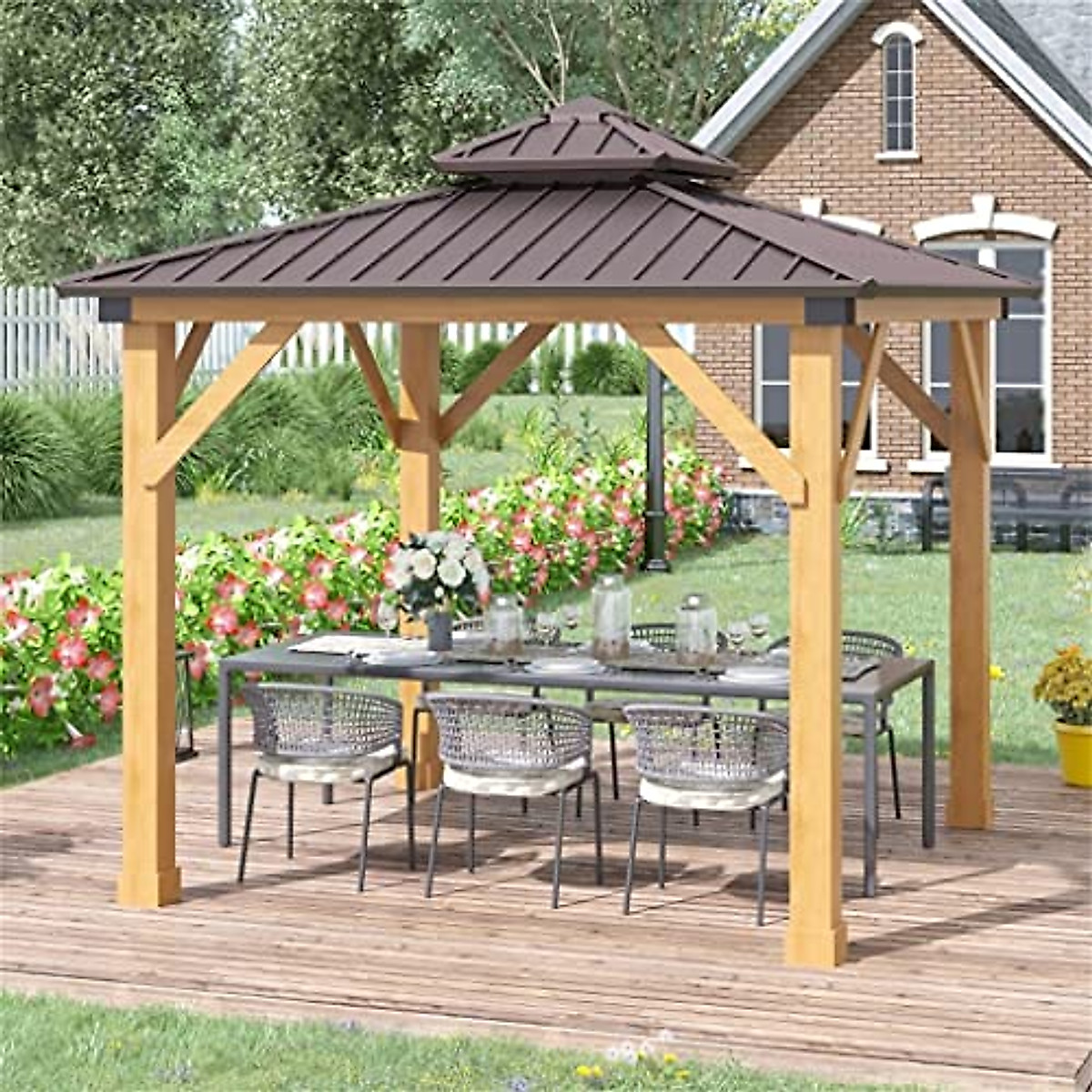 ZZBJ 10' X 10' Hardtop Gazebo Patio Canopy Shelter Outdoor W/Steel Double Tier Roof for Garden, Patio, Backyard