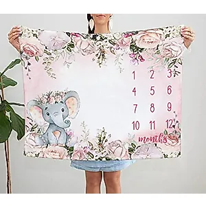Popfavors Yuzioey Baby Girl Monthly Milestone Blanket, Floral Elephant Month Blanket for Newborn Baby Shower, Pink Elephant Girl Flower Blanket Growth Chart Monthly Blanket, Includes Marker (50x40)
