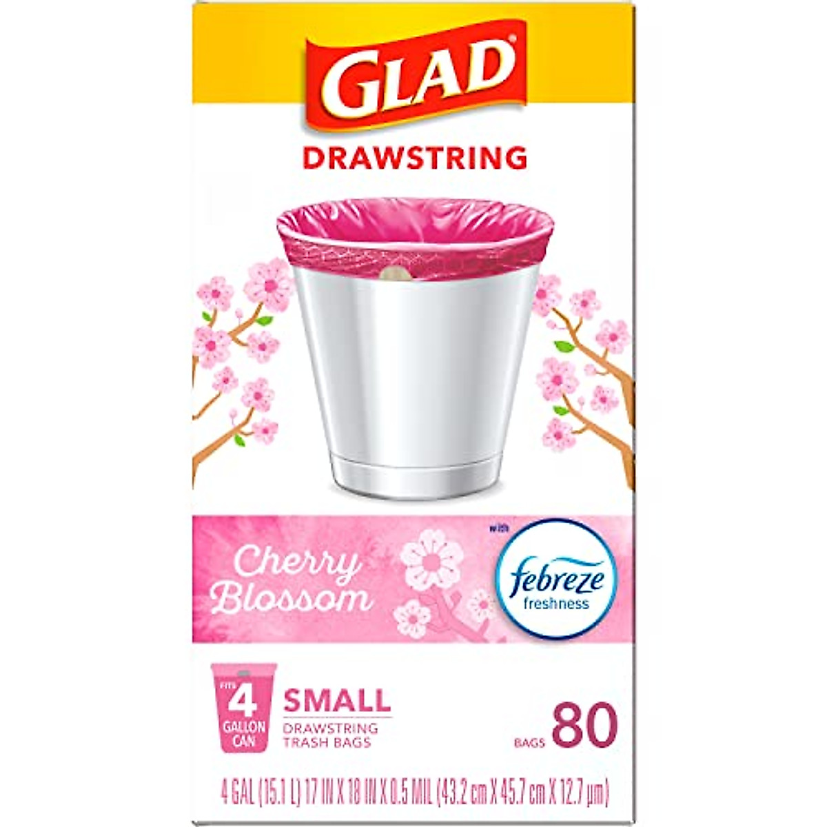 Glad Odorshield Small Drawstring Trash Bags, 4 Gal, Pink, Cherry Blossom, 80 Ct, Pack May Vary