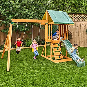 KidKraft Appleton Wooden Swing Set/Playset with Swings, Slide, Rock Wall, Chalkwall, Clubhouse and Sandbox, Ages 3-10, Amazon Exclusive Multicolor