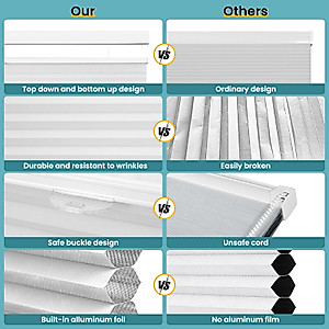 Grandekor Top Down Bottom Up Cellular Shades Cordless, Pull Down Honeycomb Blinds for Windows Room Darkening Blinds & Shades for Living Room Bedroom, Blackout, White, 31" Wx64 H