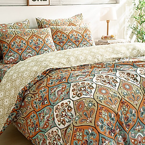 DaDa Bedding Bohemian Duvet Cover w/Pillow Cases - Reversible Coral Teal Floral Paisley Botanical Garden Party - Bright Vibrant Multi-Colorful Blue Salmon Pink - Full - 3-Pieces