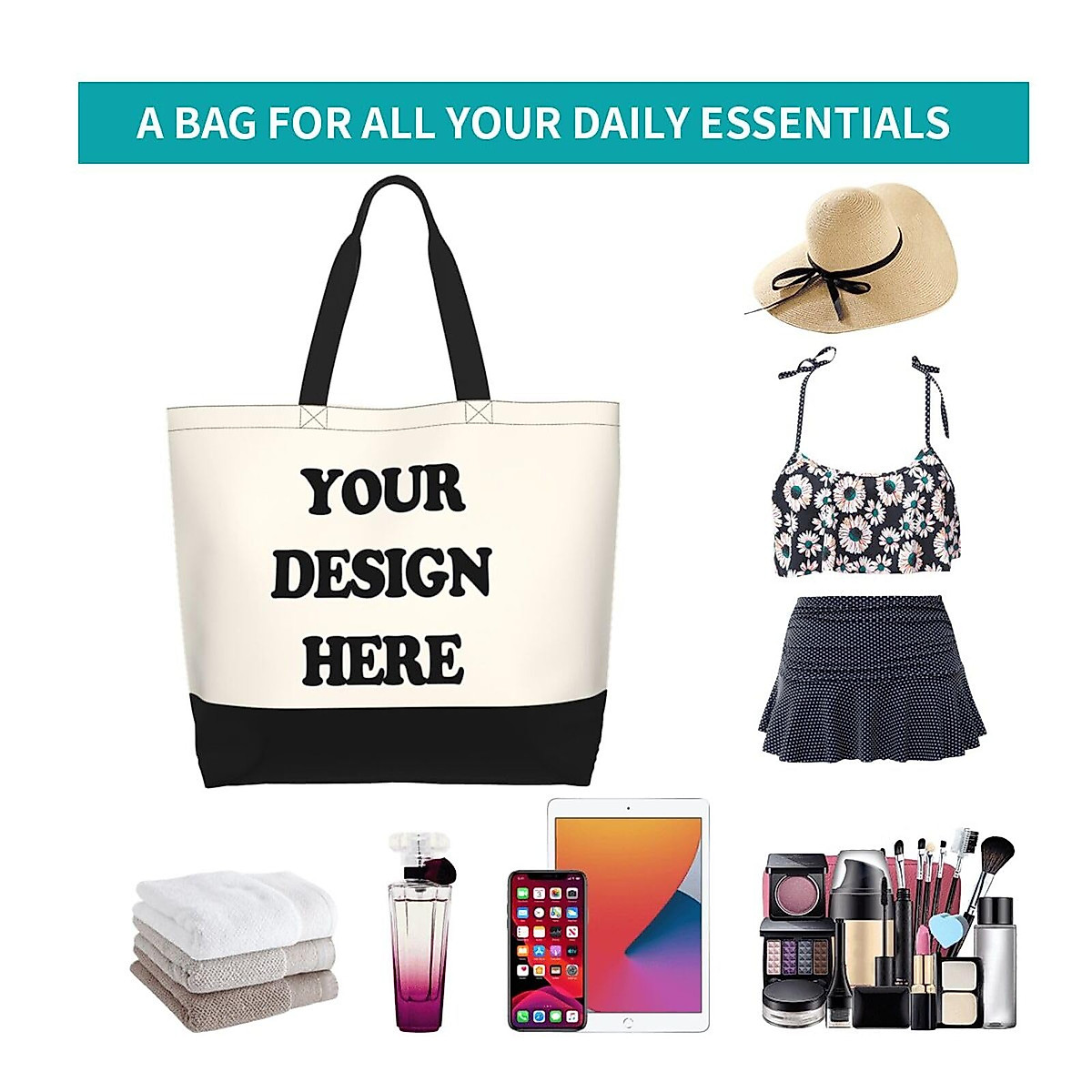 Abybela Custom Tote Bags with Team Logo Text Picture for Women Personalized Shopping Handbag Add Your Design Customized Reusable Shoulder Travel Beach Bag Handmade Totes for Business Work