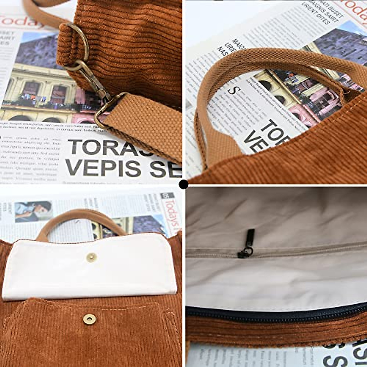 LIHENYU Corduroy Tote Bag with External Pocket,Top Zipper Closure,Aesthetic Purse Cute Crossbody Bag for School Travel Work Brown